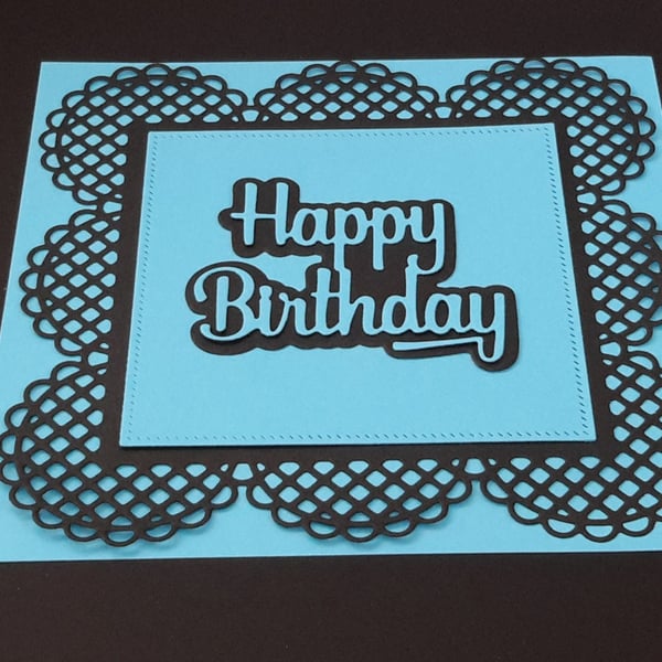 Happy Birthday Greeting Card - Blue and Black - Folksy
