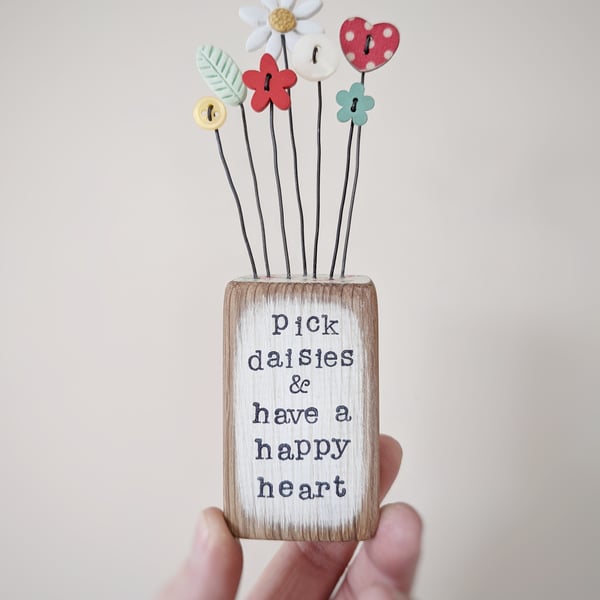 Clay Flower and Button Garden in a Wood Block '... - Folksy