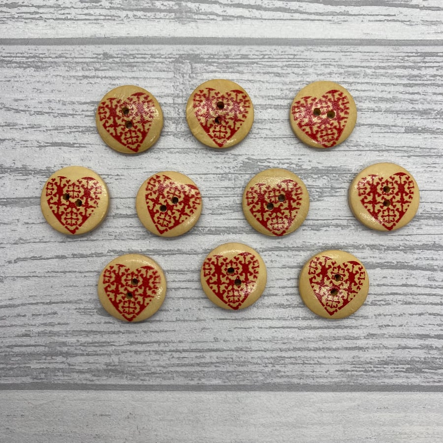 2cm round buttons with red heart design, pack o... - Folksy