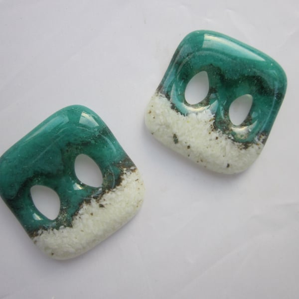 Handmade pair of cast glass buttons - Square la... - Folksy