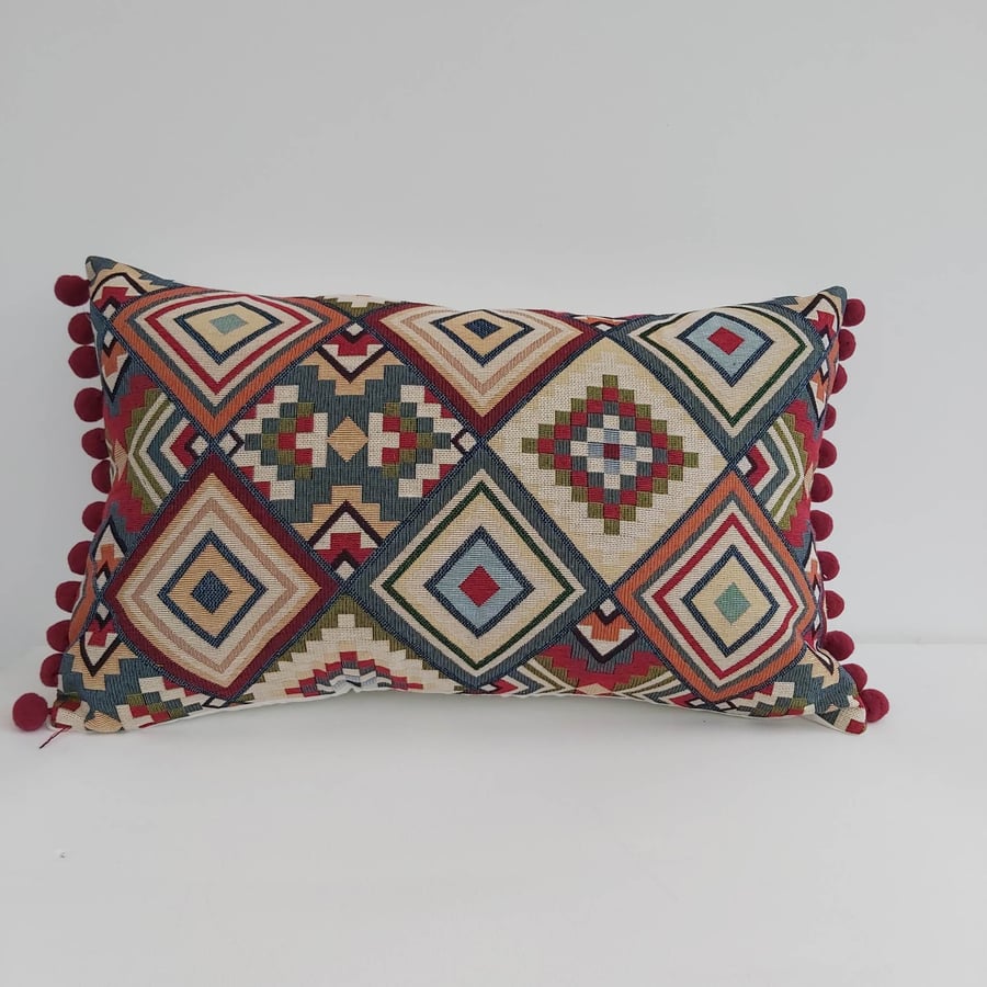 Aztec Design Cushion Cover with Red Pom Poms - Folksy