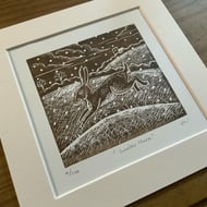 Winter Hare linocut print, an original, mounted... - Folksy