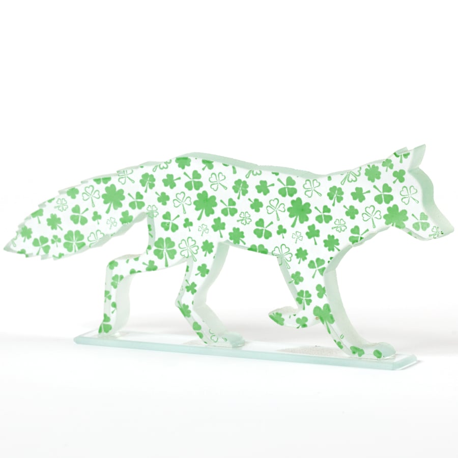 Glass Fox Sculpture with Clover Artwork - Folksy