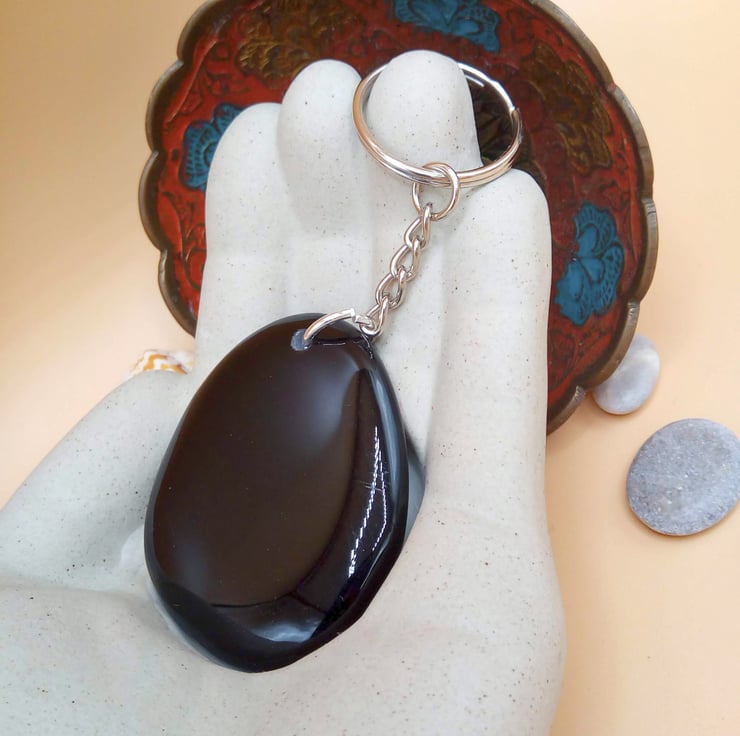 Large Black Stone Keyring, Silver Key Fob, End ... - Folksy
