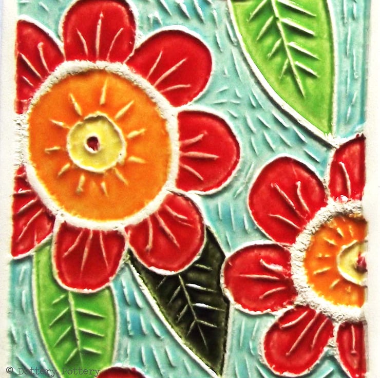 Ceramic wall plaque Pottery Tile Flower design ... - Folksy