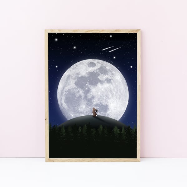 Full Moon Hare Illustration, Moon Gazing Hare P... - Folksy
