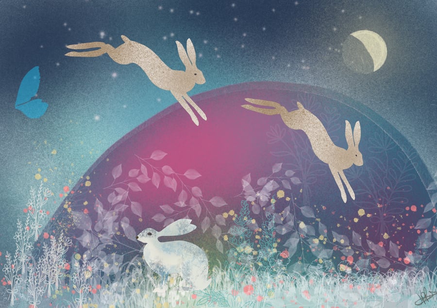 A4 Moonlight Hare Art, Dancing In The Moonligh... - Folksy