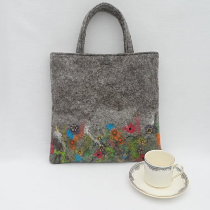 Felted Handbag, tote bag - grey floral - Folksy