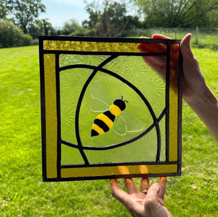 Leaded stained glass panel with fused glass bee... - Folksy