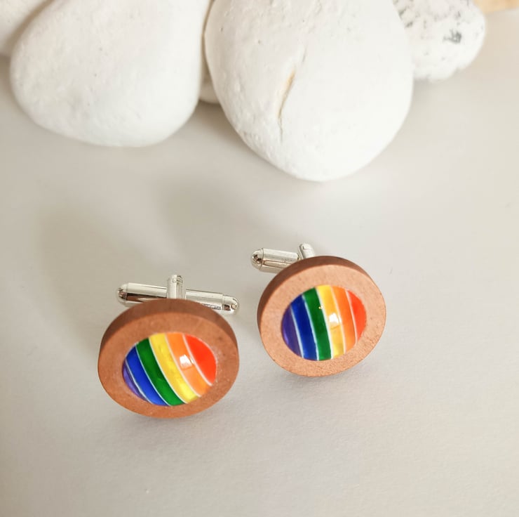 Wood and Rainbow Cufflinks - Folksy
