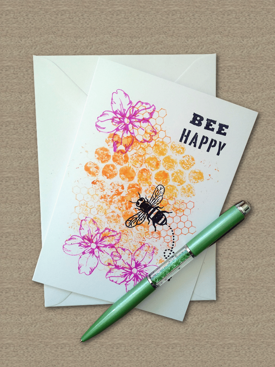 Bee Happy, pack of 2 notecards, bees, honeycomb... - Folksy
