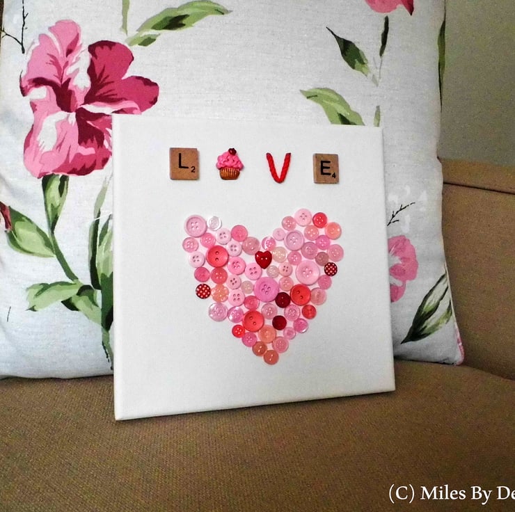 Handmade Button Heart Canvas - Folksy