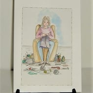 hand drawn and painted Knitting cartoon ( ref F... - Folksy