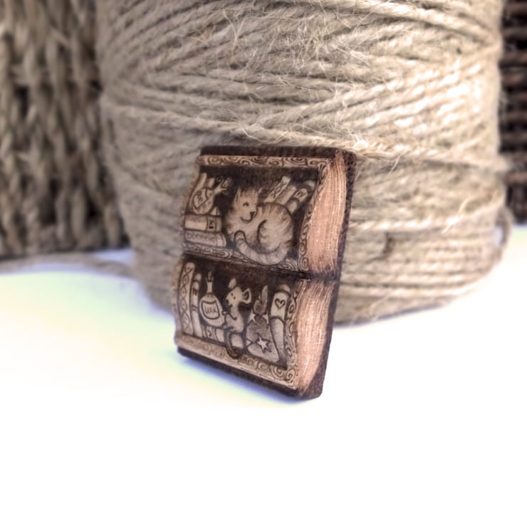 Wooden pyrography book shaped bookshelf brooch ... - Folksy