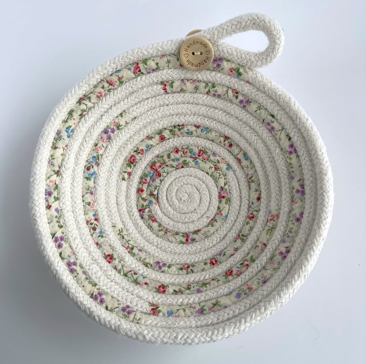Coiled Rope Bowl with Ditsy Pastel Floral Fabric - Folksy