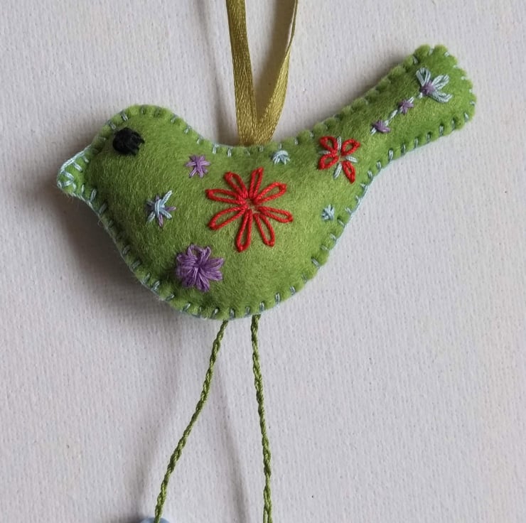 Felt Little Green Bird with Long Legs Hanging D... - Folksy