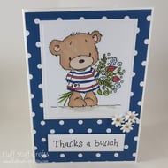 Handmade thank you card - bear with bouquet - Folksy