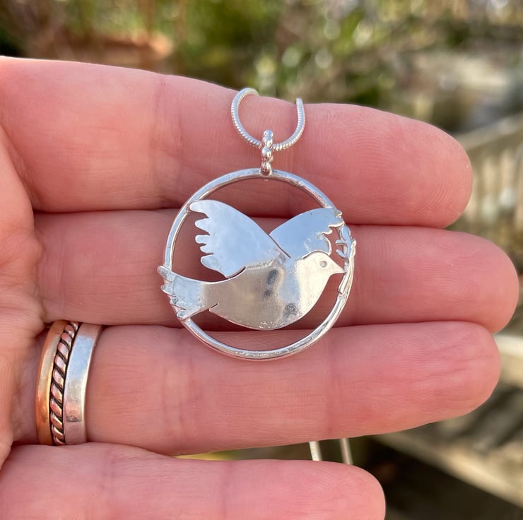 Silver Peace dove pendant and chain - Folksy