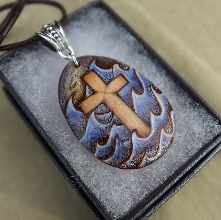 Pyrography Christian cross in a turbulent sea. ... - Folksy