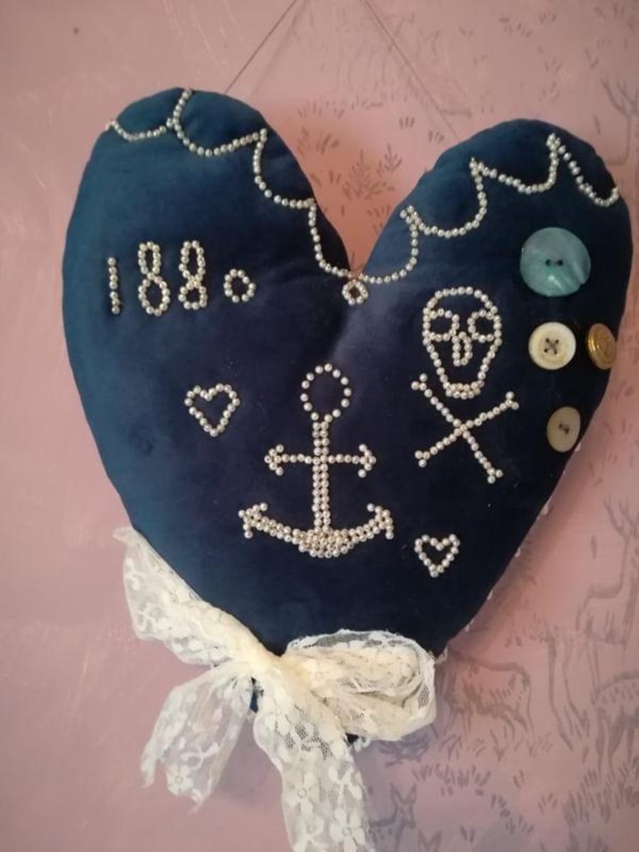 Antique sailor inspired velvet heart hanging, p... - Folksy