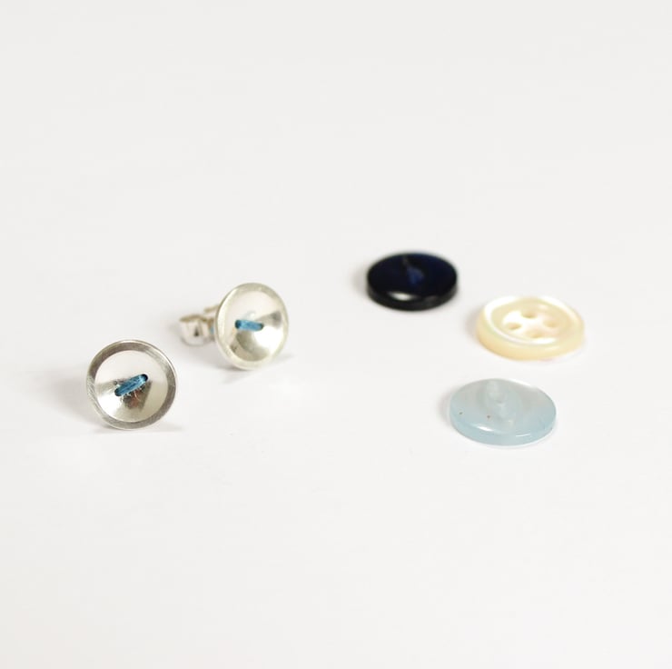 Silver button earring studs, stitched button ea... - Folksy