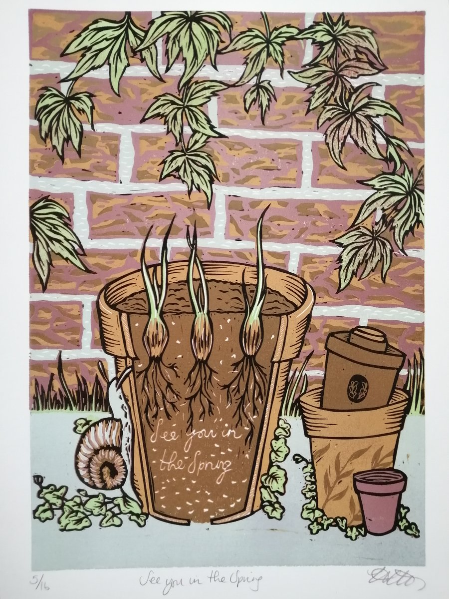 See you in the Spring Original Reduction Lino P... - Folksy