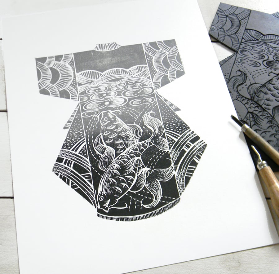 Kimono Original Hand Printed Lino Cut Print PR... - Folksy