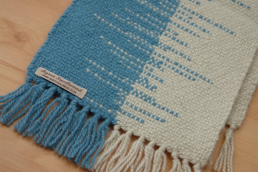Hand Woven Wool Table Runner - Blue and Cream - Folksy