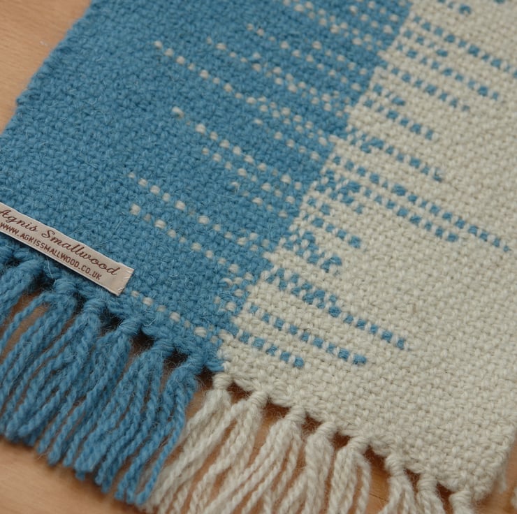Hand Woven Wool Table Runner - Blue and Cream - Folksy