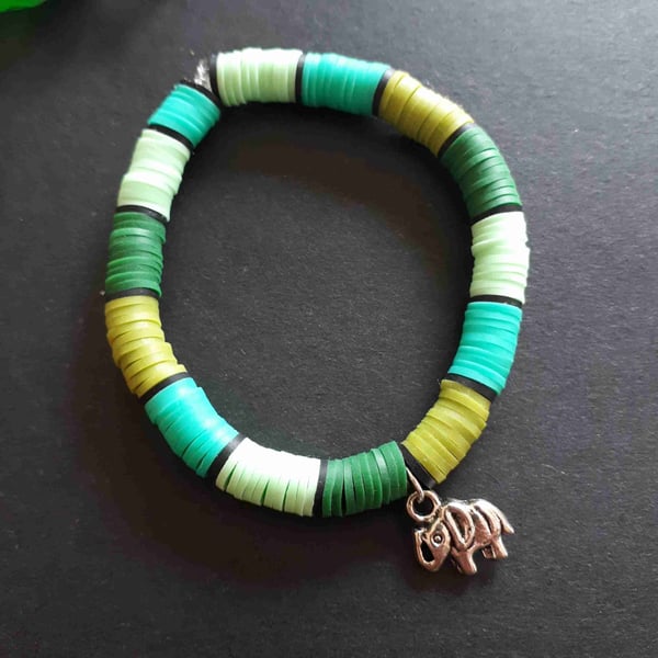 Elephant Charm Green Clay Beaded Stretch Bracel... - Folksy