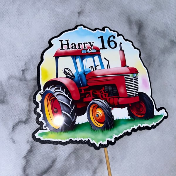 Tractor cake topper personalised red watercolou... - Folksy
