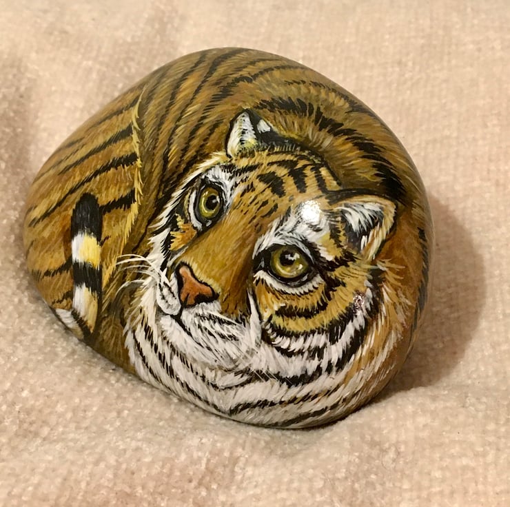 Tiger hand painted pebble garden rock art pet s... - Folksy