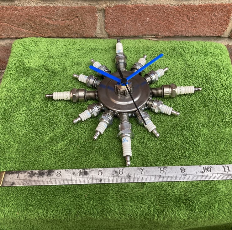 Sunburst Wall Clock, Upcycled Spark Plugs - Folksy