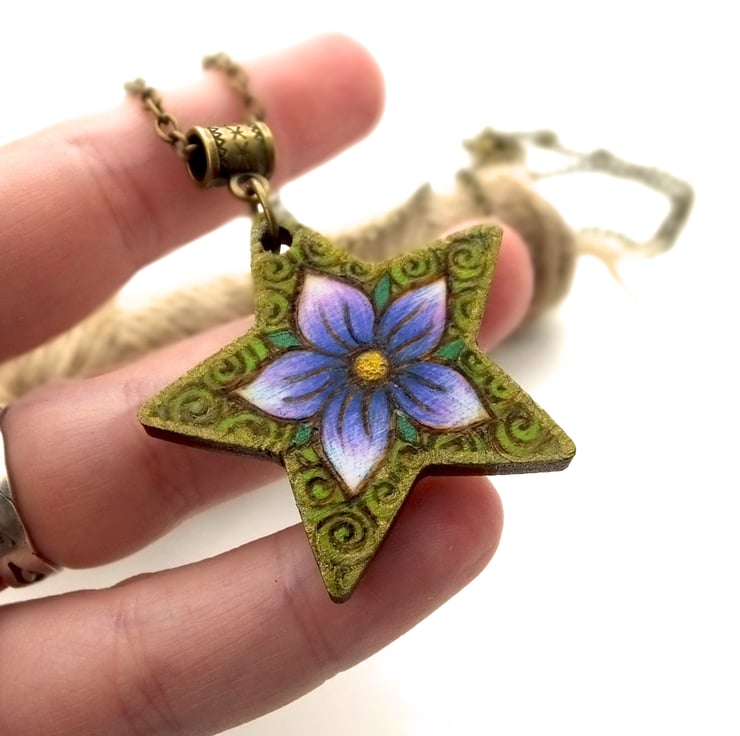 Purple Periwinkle Star, Pyrography with Colour ... - Folksy