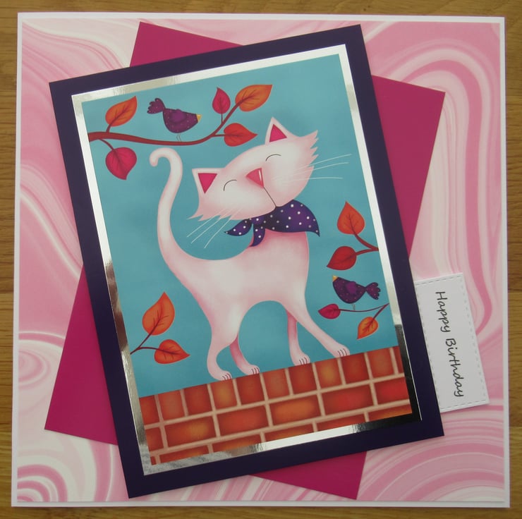 Pink Cat - 8x8" Birthday Card - Folksy