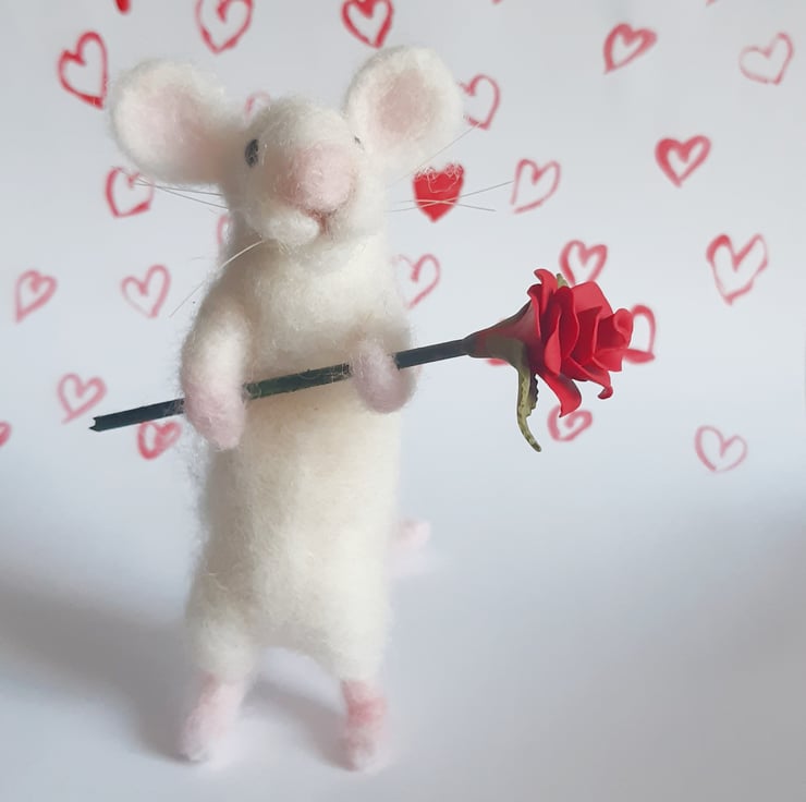 Mouse with rose, Needle felted white mouse, Val... - Folksy