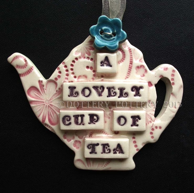 Ceramic teapot decoration with button flower - Folksy