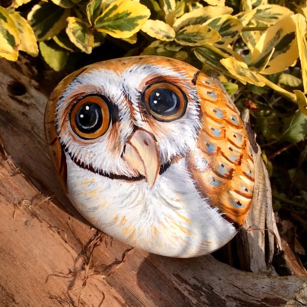 Owl hand painted on rock - Folksy