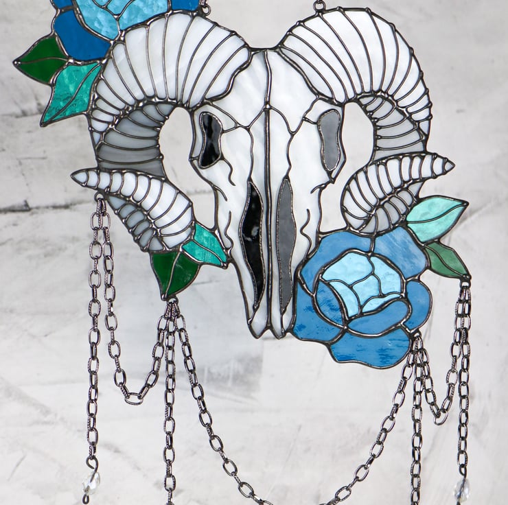 Suncatcher Skull Ram with pink peony Dreamcatch... - Folksy