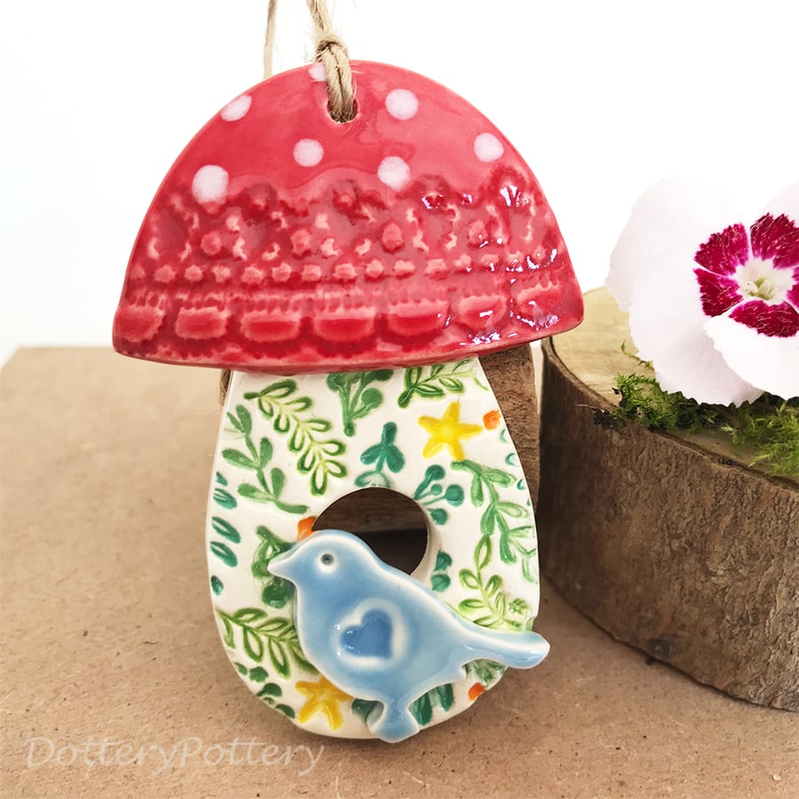 Ceramic toadstool decoration with teeny bird - Folksy
