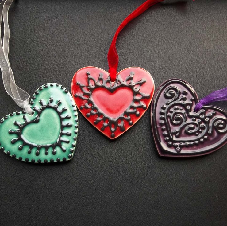 Set of three ceramic heart decorations - Folksy