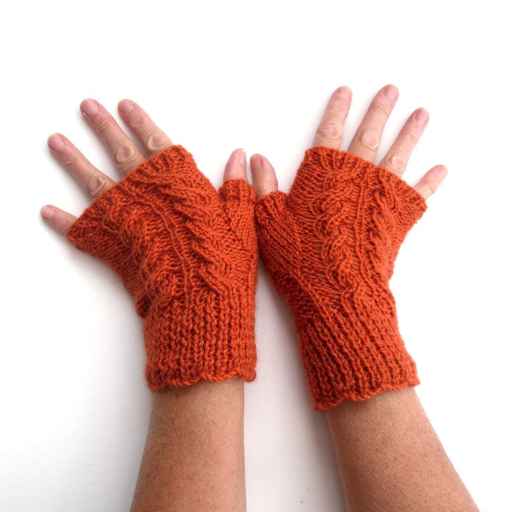 Bright orange cable fingerless gloves - Folksy