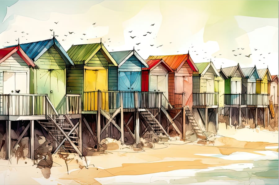 16 x 24 inch watercolour beach huts - Folksy