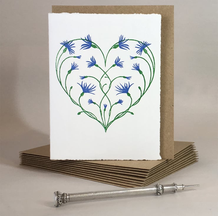 Cornflower Love Heart - LinoCut Card - Folksy