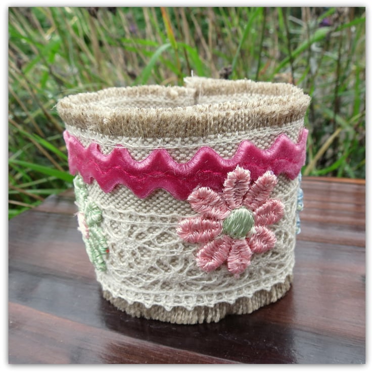 A linen and lace fabric cuff bracelet. - Folksy