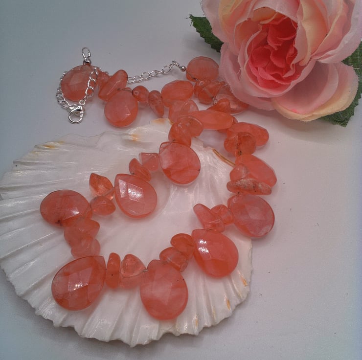 Raspberry Quartz Drop Bead and Chip Necklace an... - Folksy