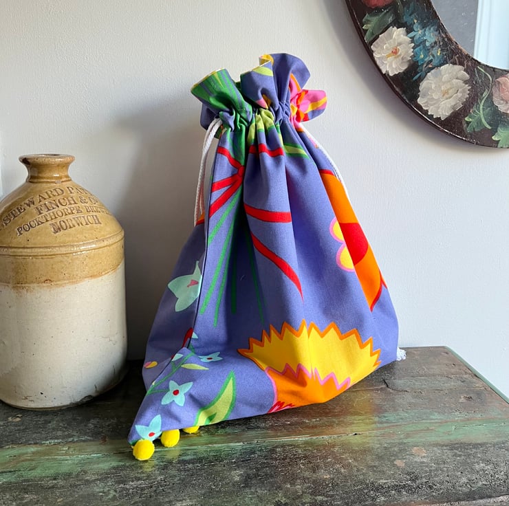 Bright purple floral cotton drawstring bag with... - Folksy