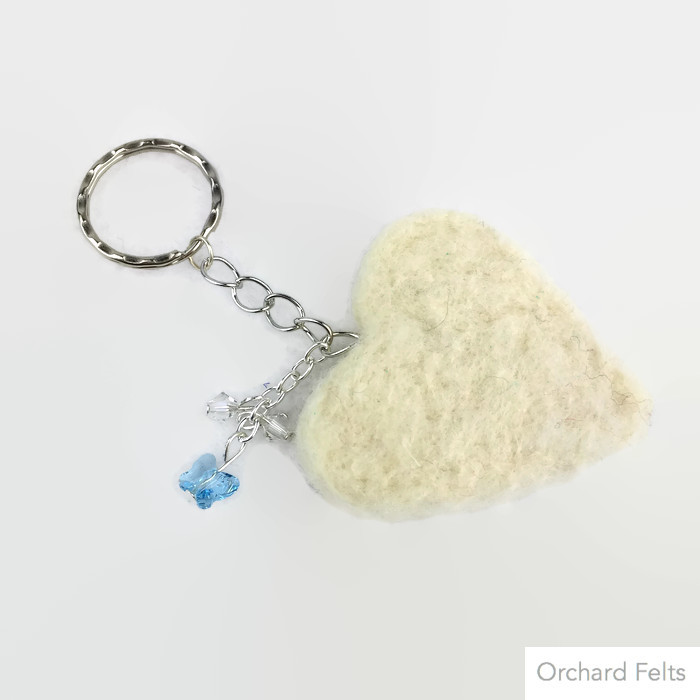 Keyring with white needle felted heart embellis... - Folksy