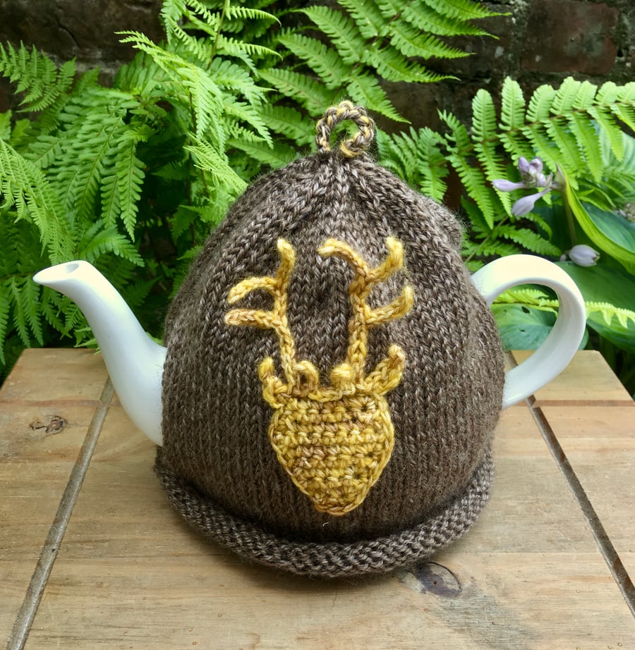 Deer Head Tea Cosy, Brown Tea Cozy with Gold Stag - Folksy