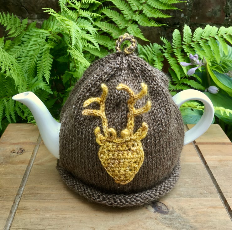 Deer Head Tea Cosy, Brown Tea Cozy with Gold Stag - Folksy